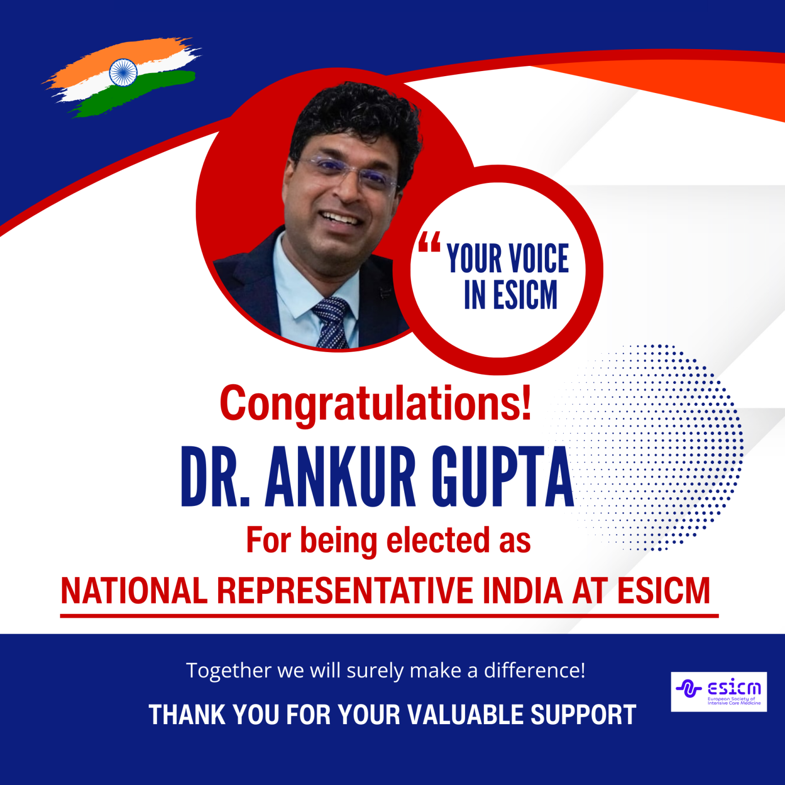 National Representative of India at ESICM - Dr Ankur Gupta - 2025-2027 - ESBICM® | Educational ...